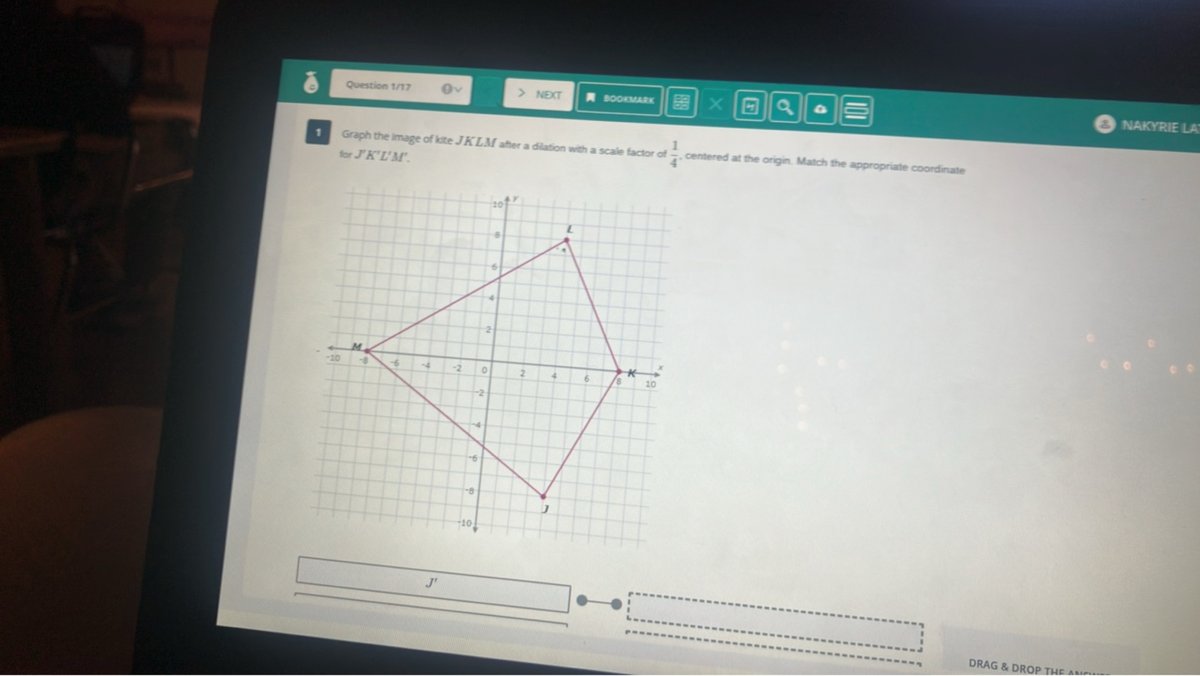 Graph the image of kite JKLM after a dilation with a scale factor of 1/4