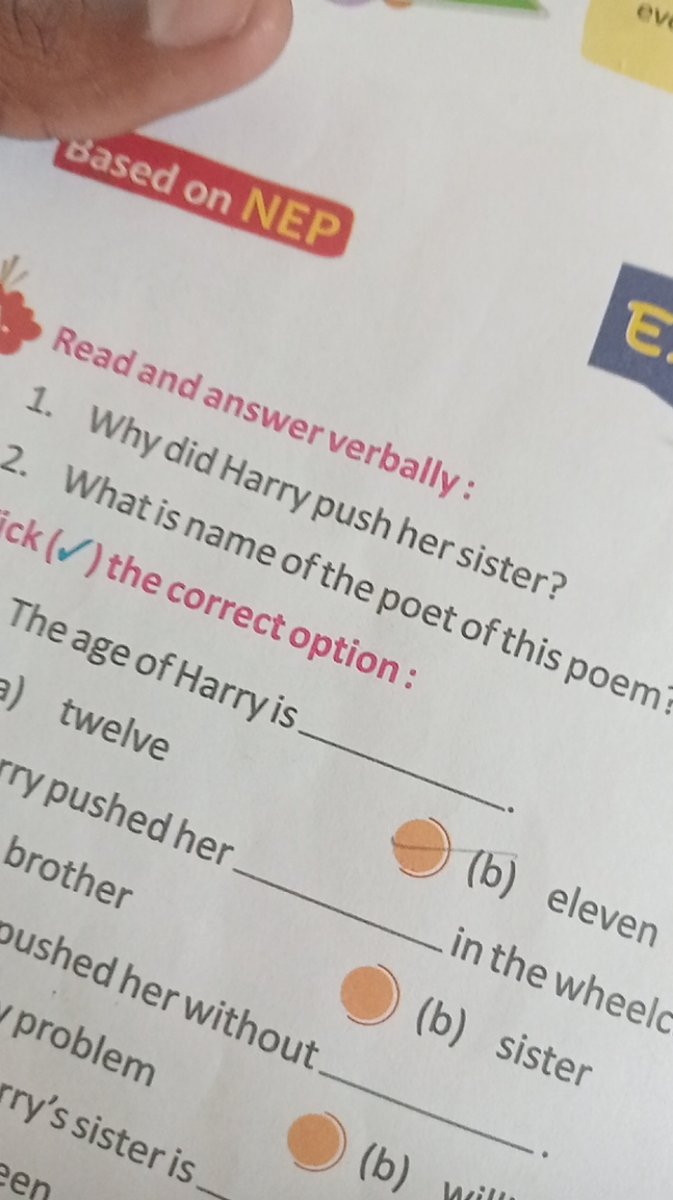 Read and answer verbally: Why did Harry push her sister? What is name of