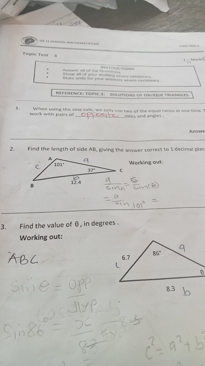 Here are three questions related to the sine rule and finding values in t..