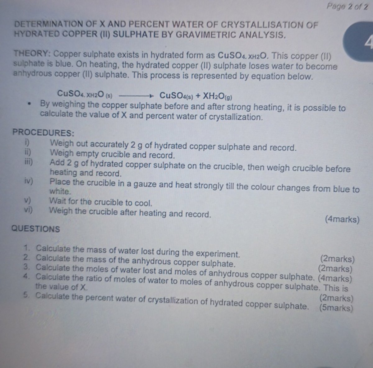 DETERMINATION OF X AND PERCENT WATER OF CRYSTALLISATION OF HYDRATED COPPE..