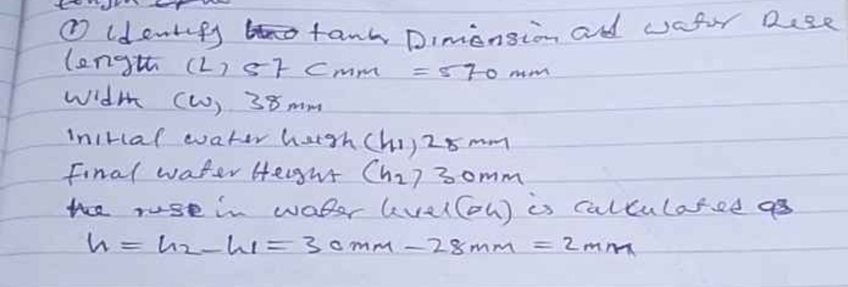 Identify the tank dimensions and water rise: Length (L) = 57 cm = 570 mm..