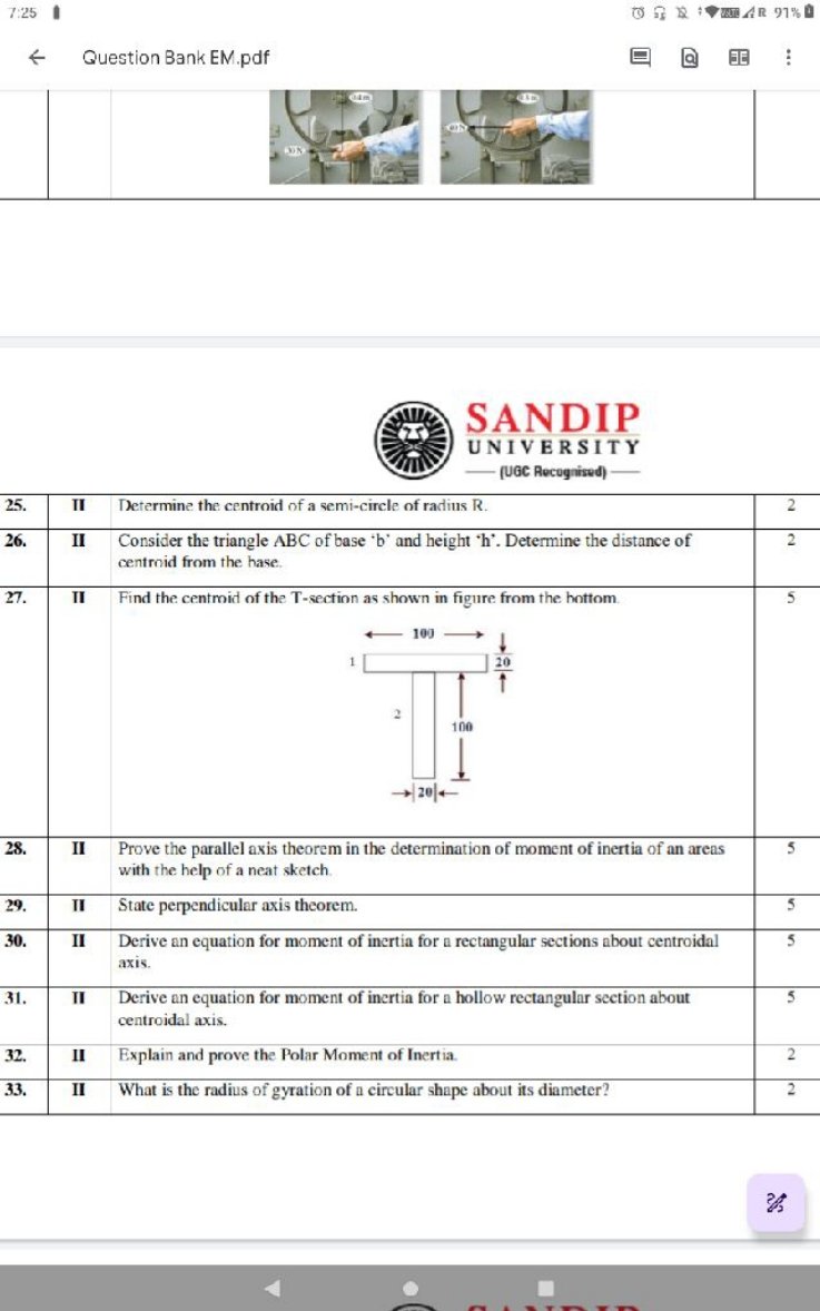 Find the centroid of the T-section as shown in figure from the bottom.