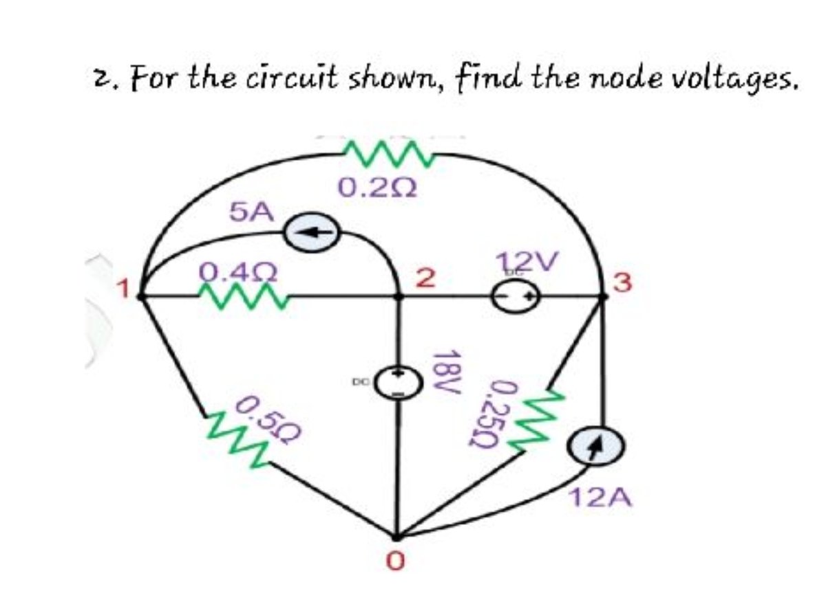 For the circuit shown, find the node voltages. (The circuit diagram cont..