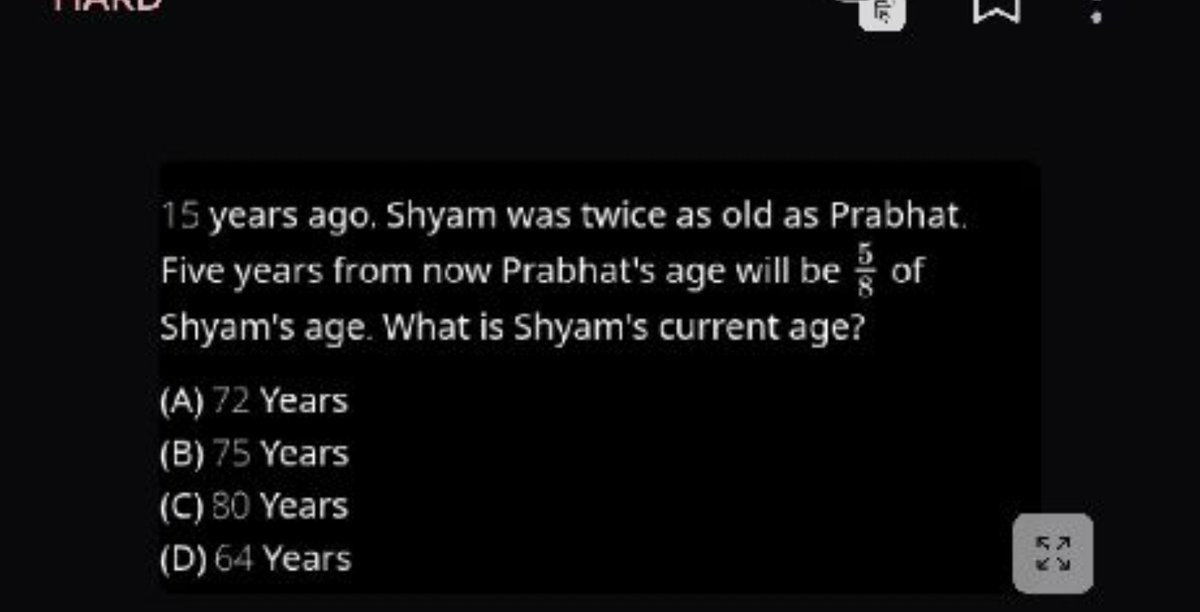 15 years ago, Shyam was twice as old as Prabhat. Five years from now Prab..