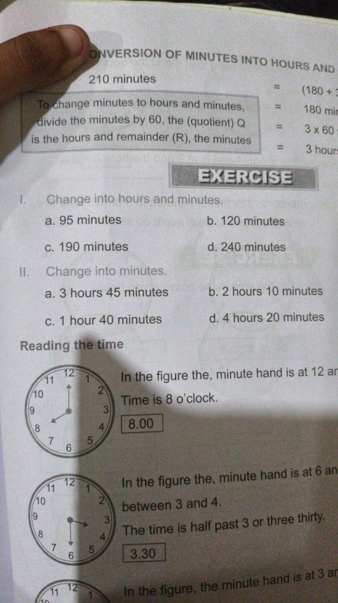 I. Change into hours and minutes. a. 95 minutes b. 120 minutes c. 190 min..