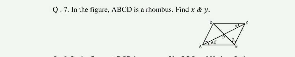 In the figure, ABCD is a rhombus. Find x & y. (The figure shows a rhombu..