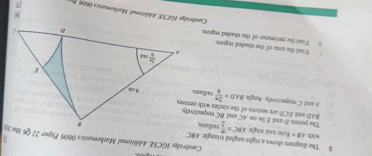 The diagram shows a right-angled triangle ABC with AB = 8 cm and angle AB..