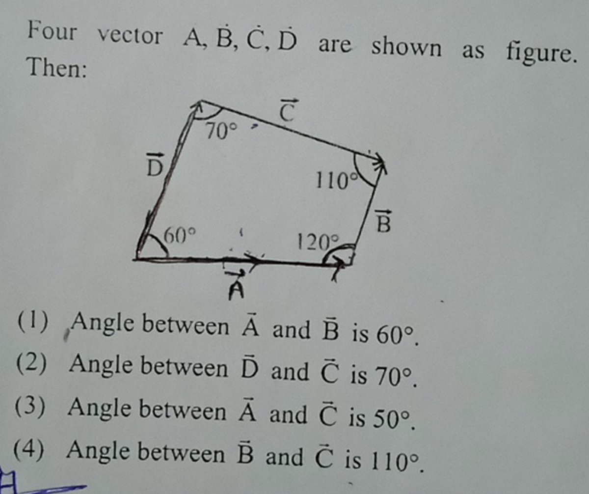 Four vectors A, B, C, D are shown as figure. Then: (1) Angle between A