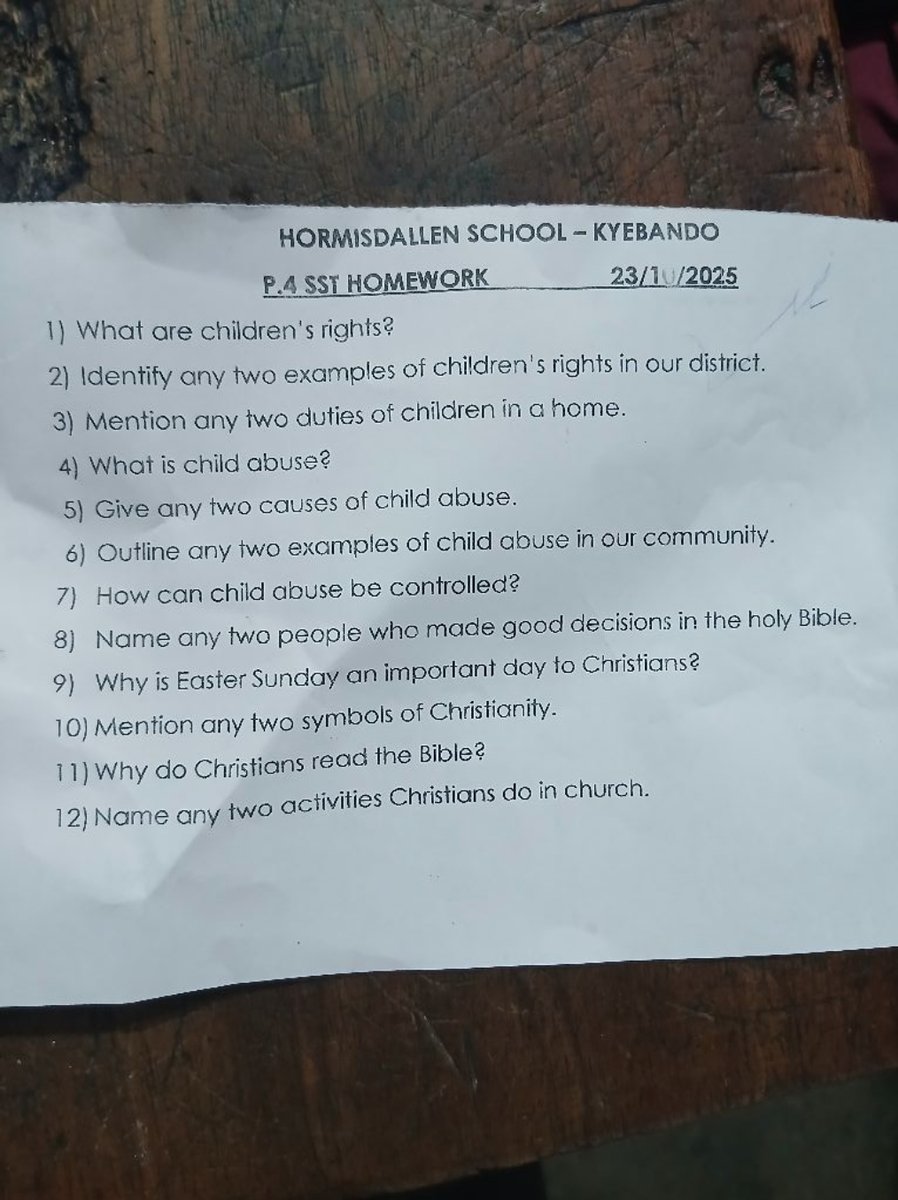 HORMISDALLEN SCHOOL - KYEBANDO P.4 SST HOMEWORK 23/10/2025 1) What are c..