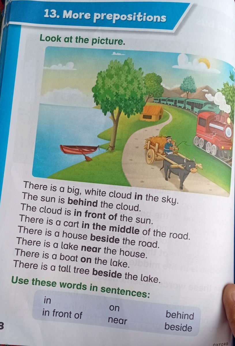 Use these words in sentences: in in front of on near behind beside | Filo
