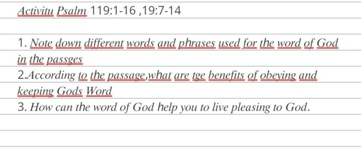 Activitu Psalm 119:1-16, 19:7-14 Note down different words and phrases u..