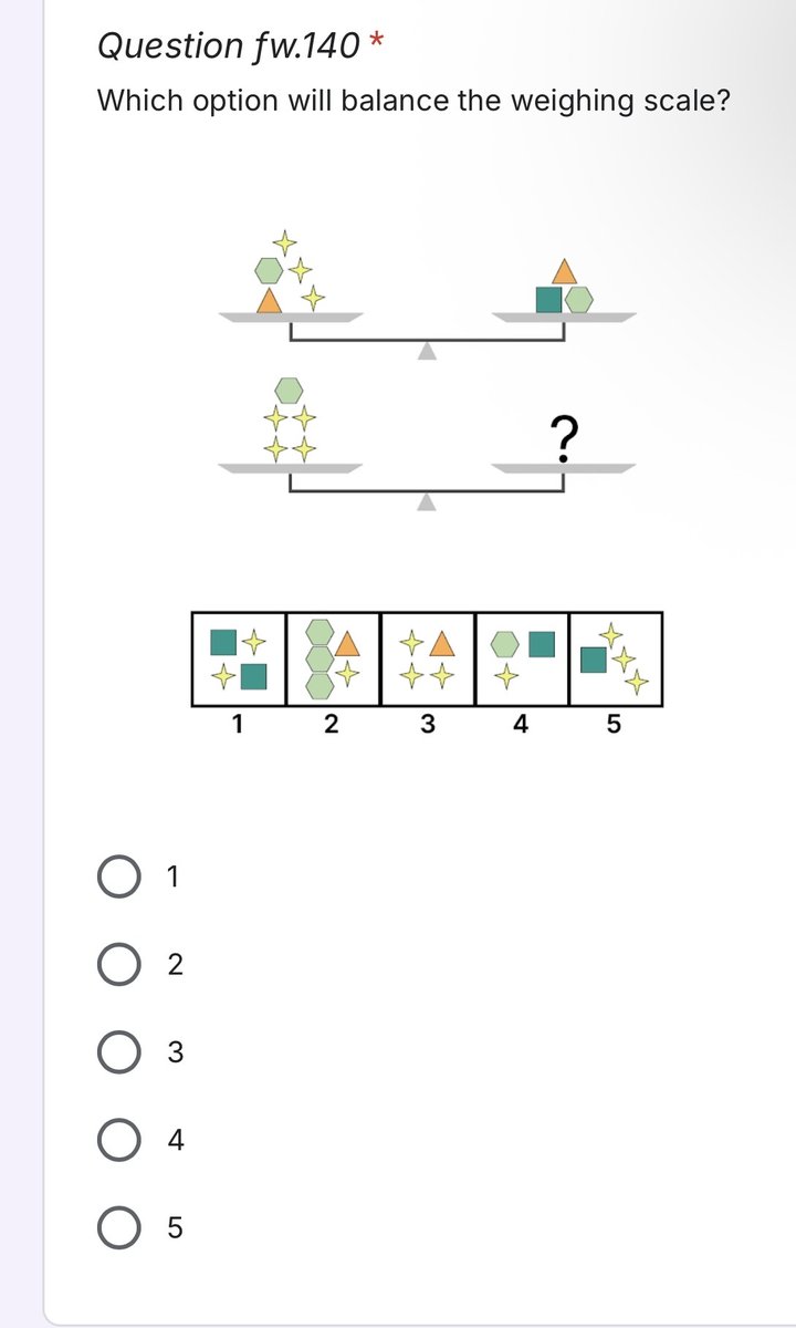 Which option will balance the weighing scale? [Image of weighing scales