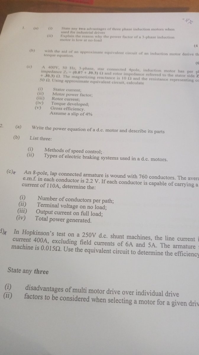 (a) (i) State any two advantages of three-phase induction motors when use..