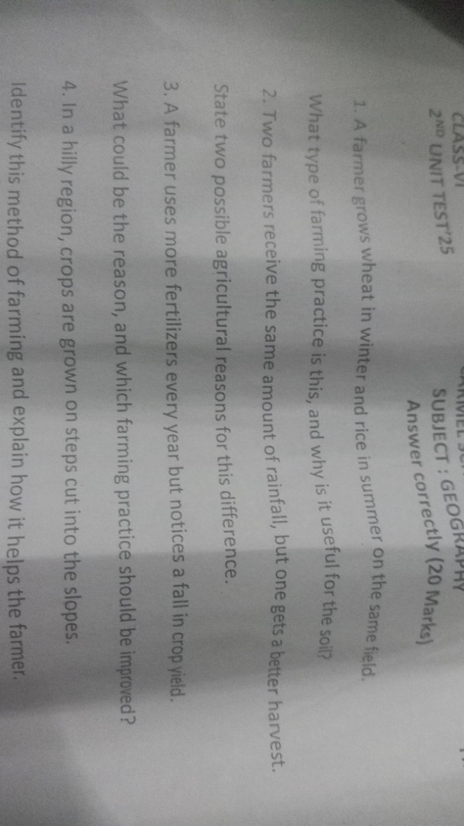 CLASS-VI 2ND UNIT TEST'25 SUBJECT: GEOGRAPHY Answer correctly (20 Marks)
