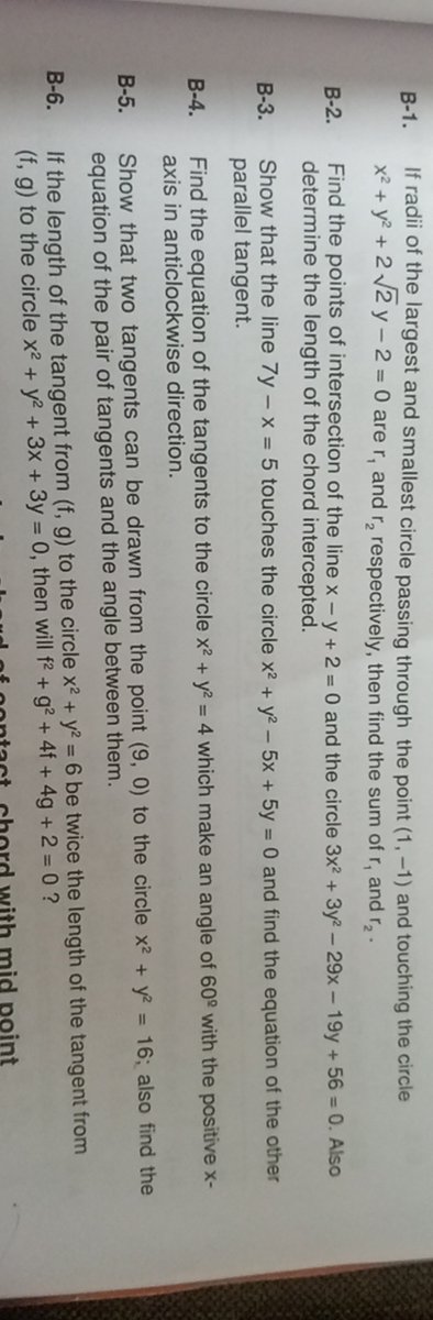 B-1. If radii of the largest and smallest circle passing through the poin..