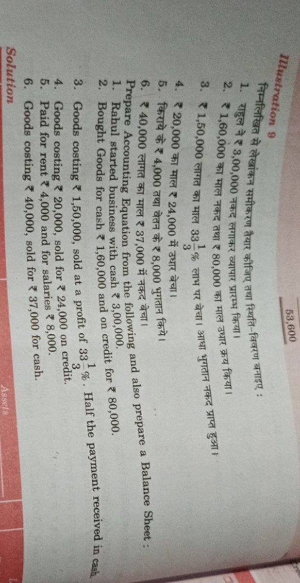 Prepare Accounting Equation from the following and also prepare a Balance..