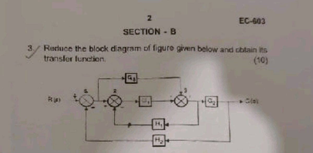 Reduce the block diagram of figure given below and obtain its transfer fu..