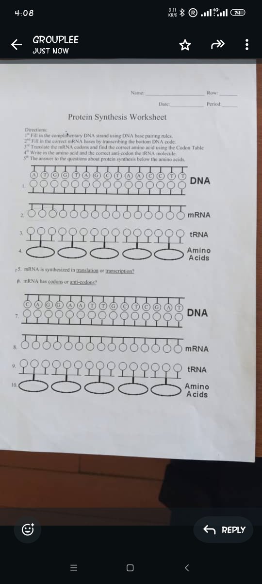 Protein Synthesis Worksheet Directions: Fill in the complimentary DNA st..