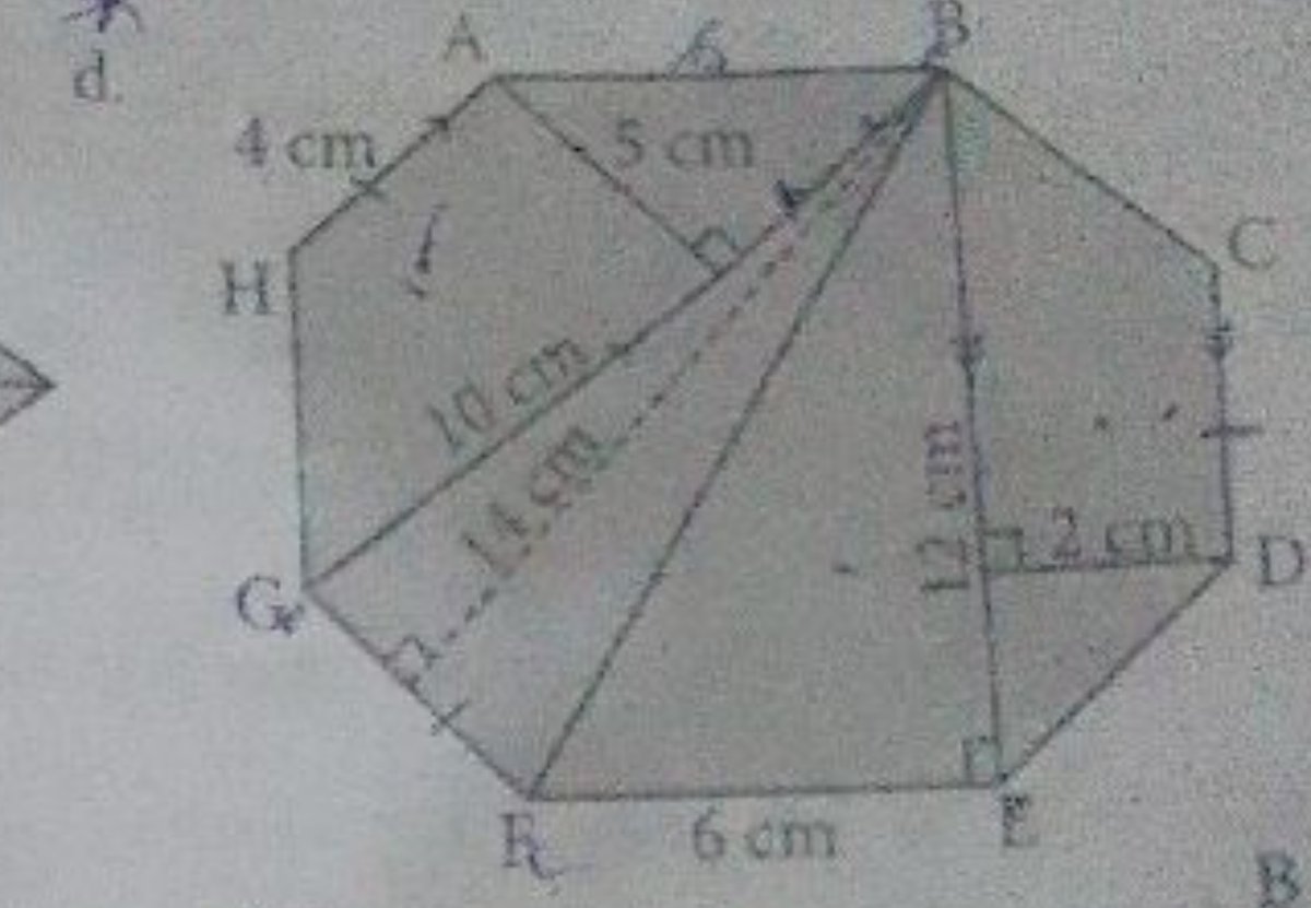 The image shows a polygon ABCDEFGH with various side lengths and heights