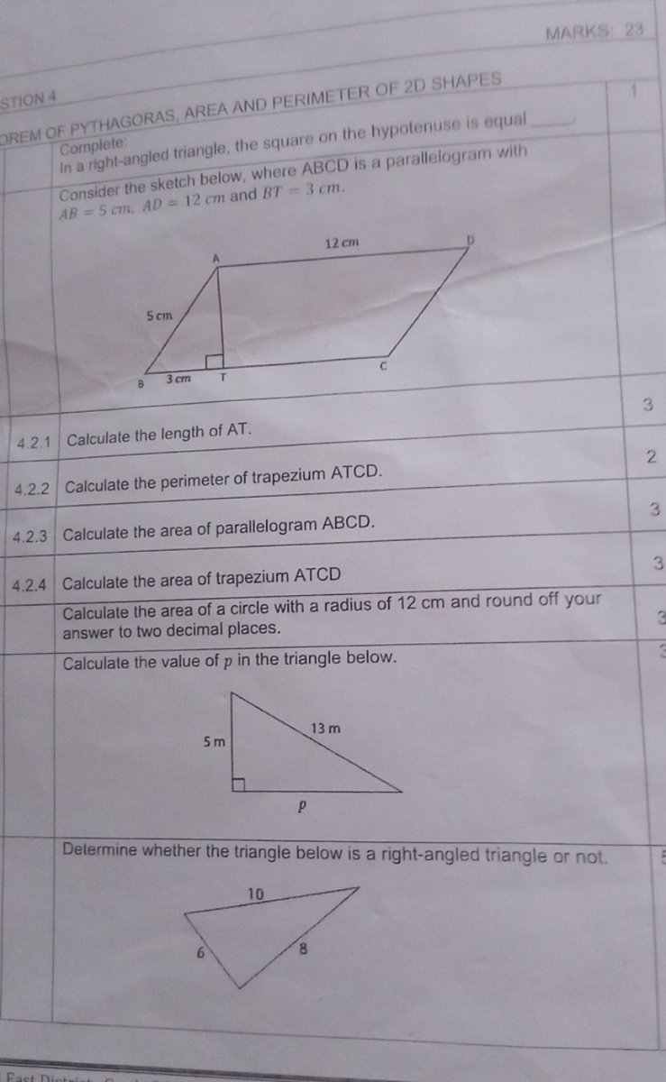 QUESTION 4 THEOREM OF PYTHAGORAS, AREA AND PERIMETER OF 2D SHAPES Comple..