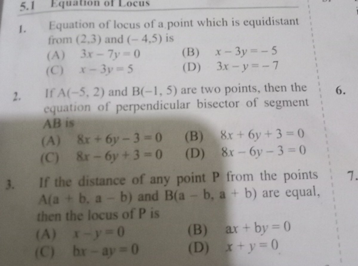 5.1 Equation of Locus Equation of locus of a point which is equidistant