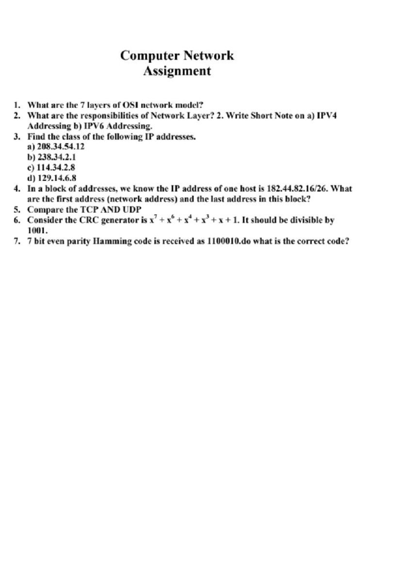 Computer Network Assignment What are the 7 layers of OSI network model?