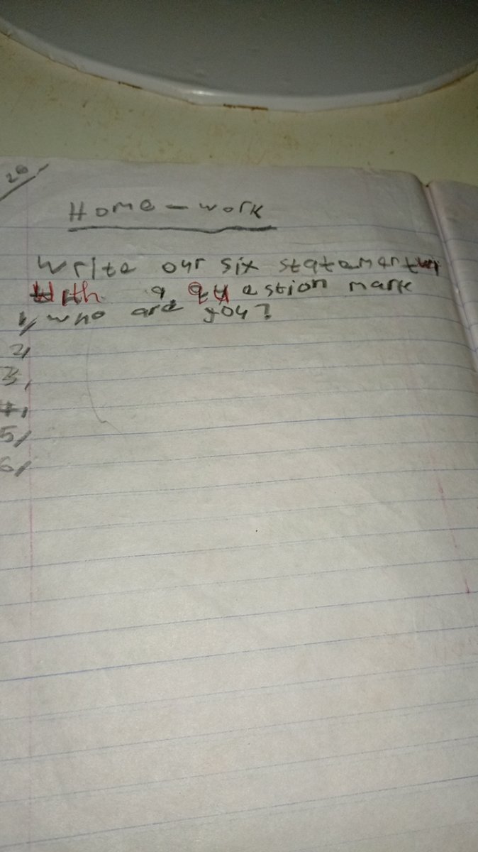 Write out six statements with a question mark. For example: Who are you?..