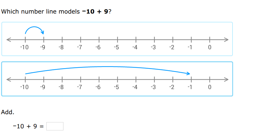 Which number line models -10 + 9? [Image of two number lines, one showin..