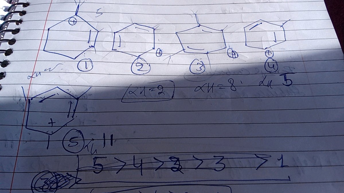 The image shows five different carbocation structures (labeled 1-5) and s..