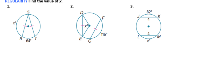 Find the value of x in the given diagrams. Diagram 1: A circle with poin..