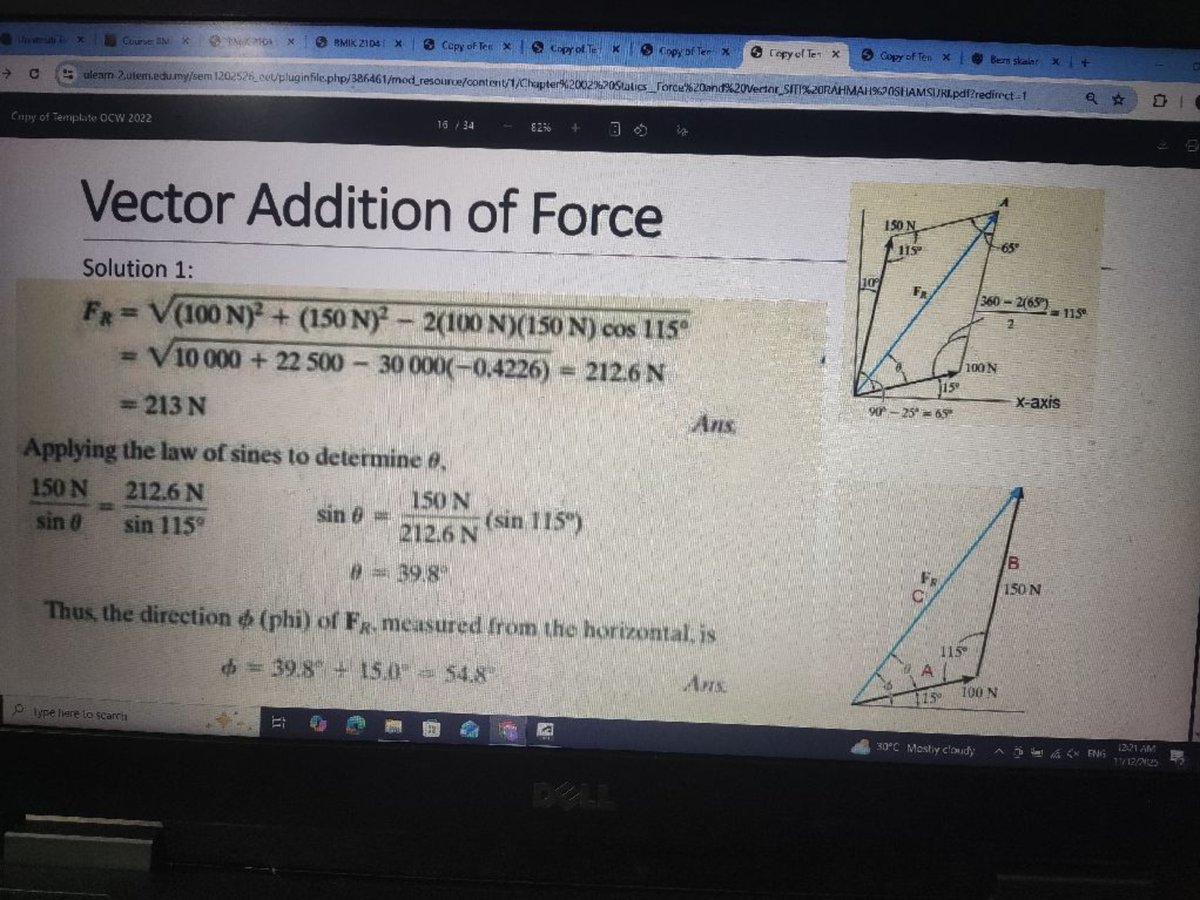 The image shows a solution to a problem involving the vector addition of