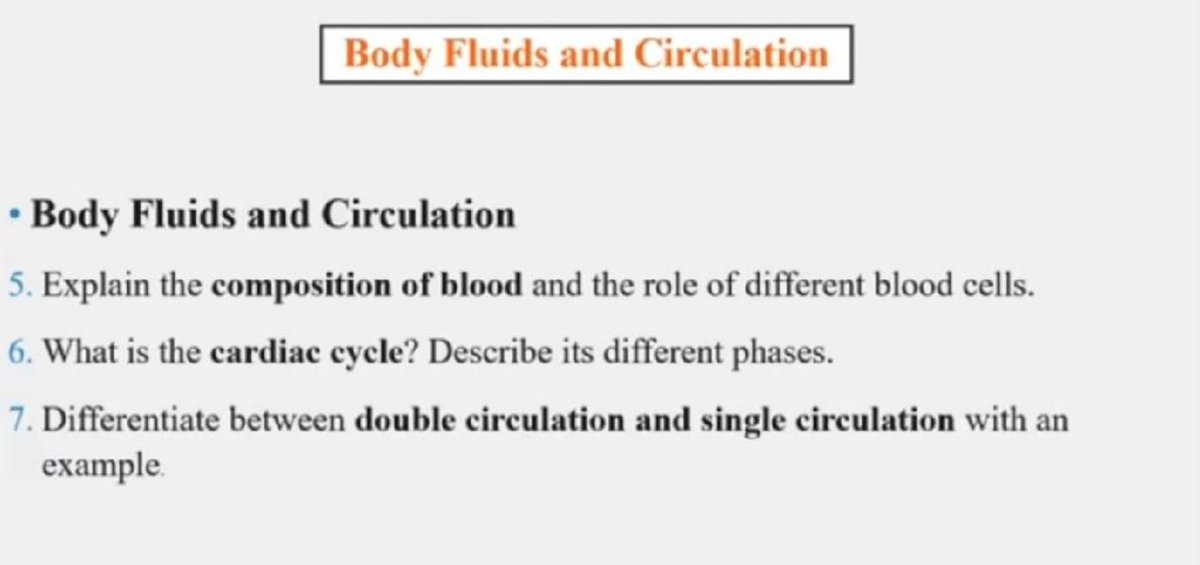 Body Fluids and Circulation Explain the composition of blood and the rol..