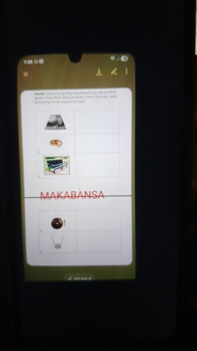Panuto: Tukuyin kung ang nasa larawan ay gawa sa Ginto (gold), Pilak (sil..