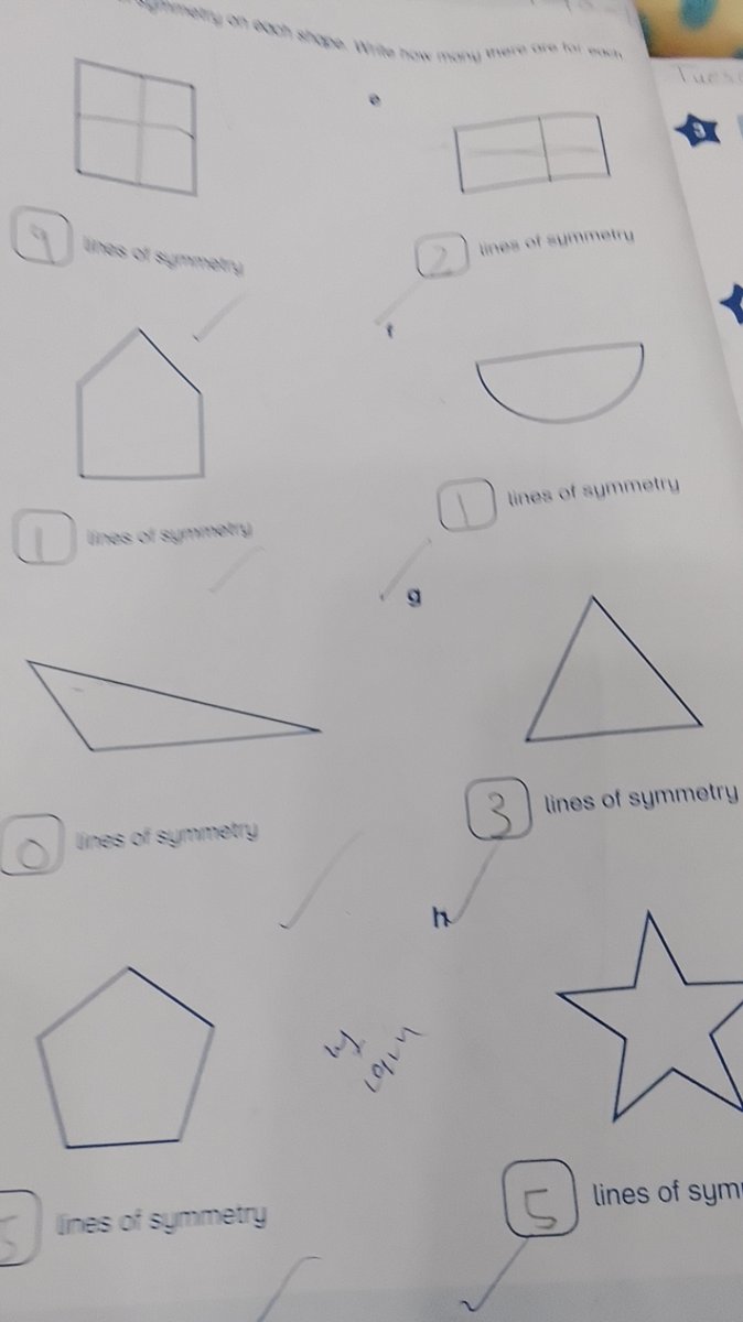 Identify the lines of symmetry on each shape. Write how many there are fo..