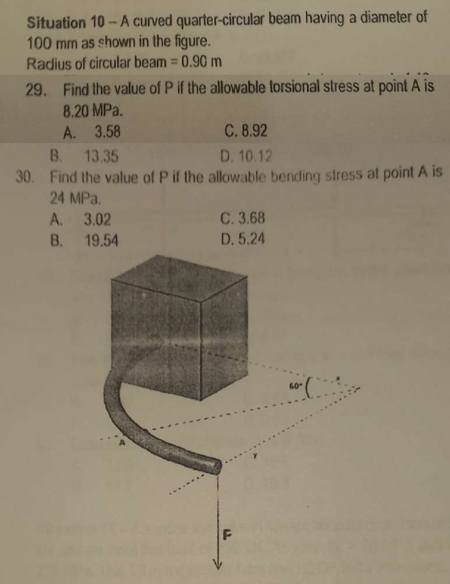 Situation 10 - A curved quarter-circular beam having a diameter of 100 mm..