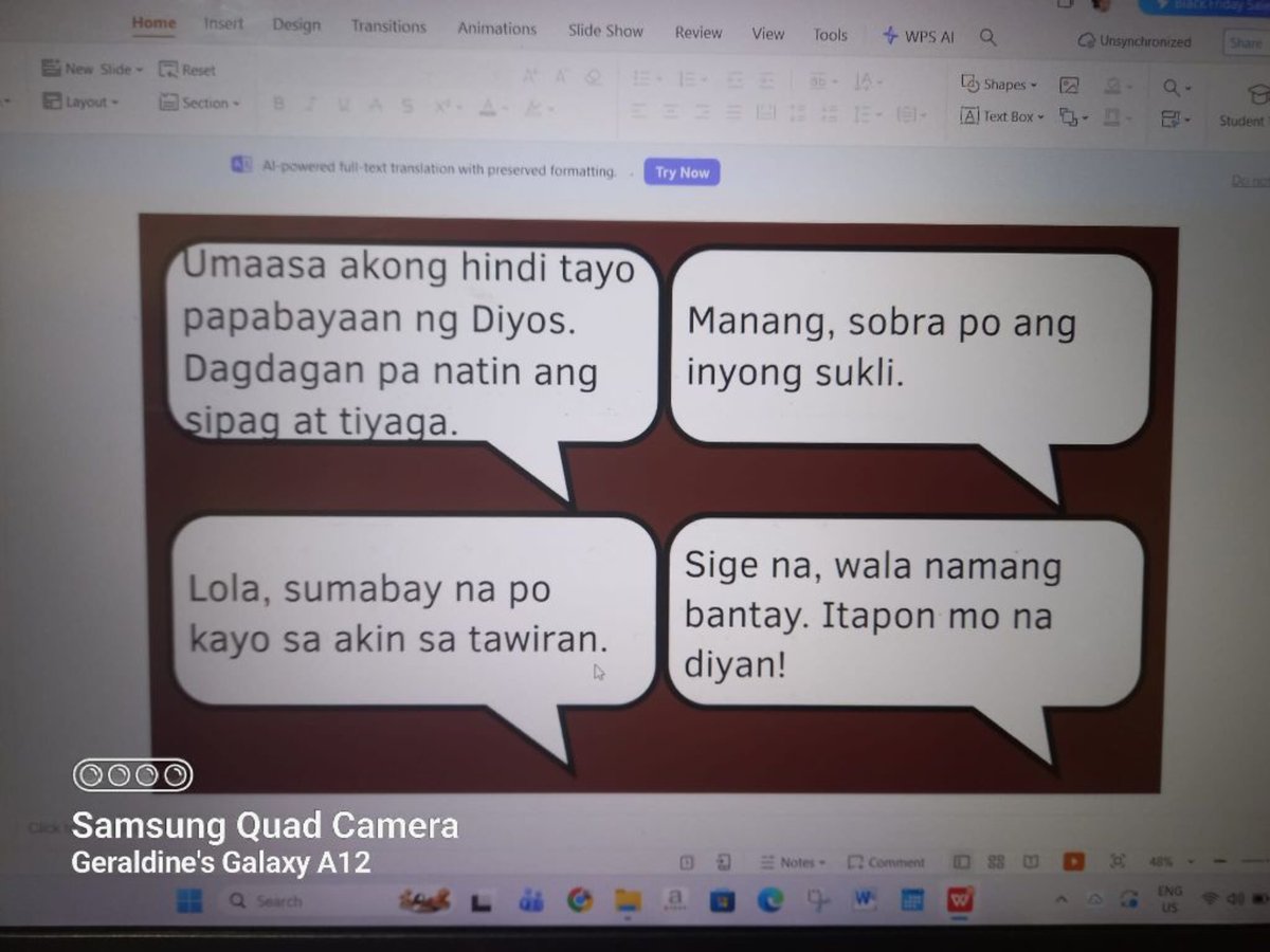 The image contains four speech bubbles with text in Filipino. Please anal..