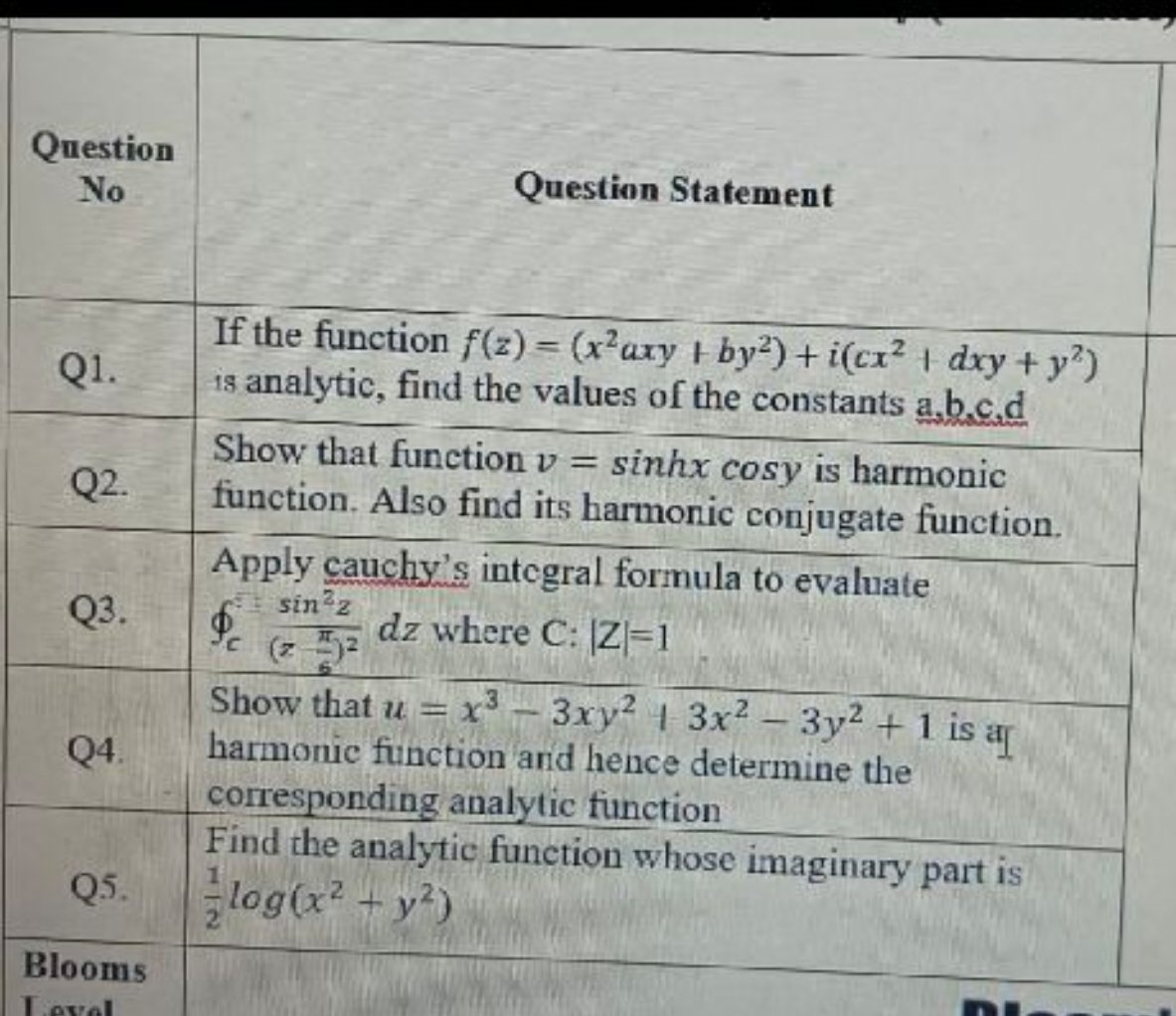 Here are 5 questions related to complex analysis: Q1. If the function f(..