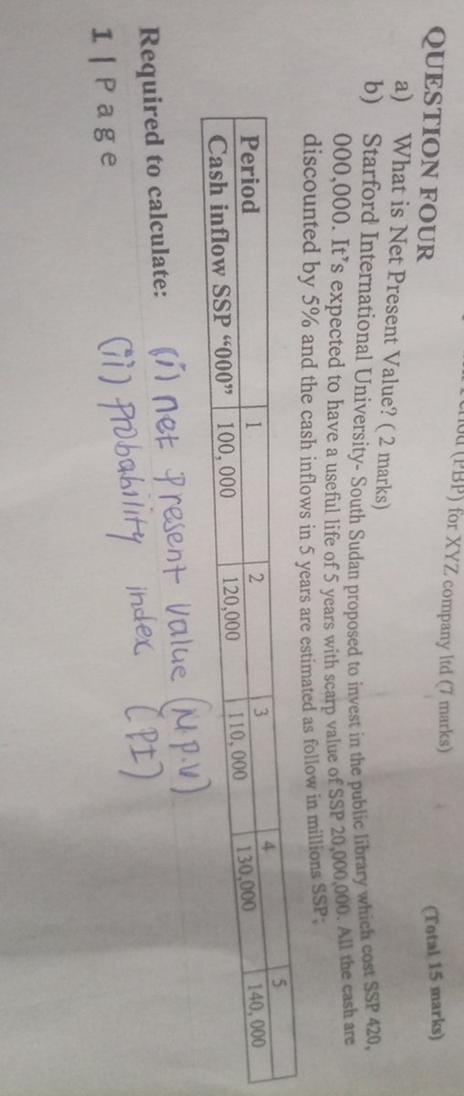 QUESTION FOUR (Total 15 marks) a) What is Net Present Value? (2 marks) b)..