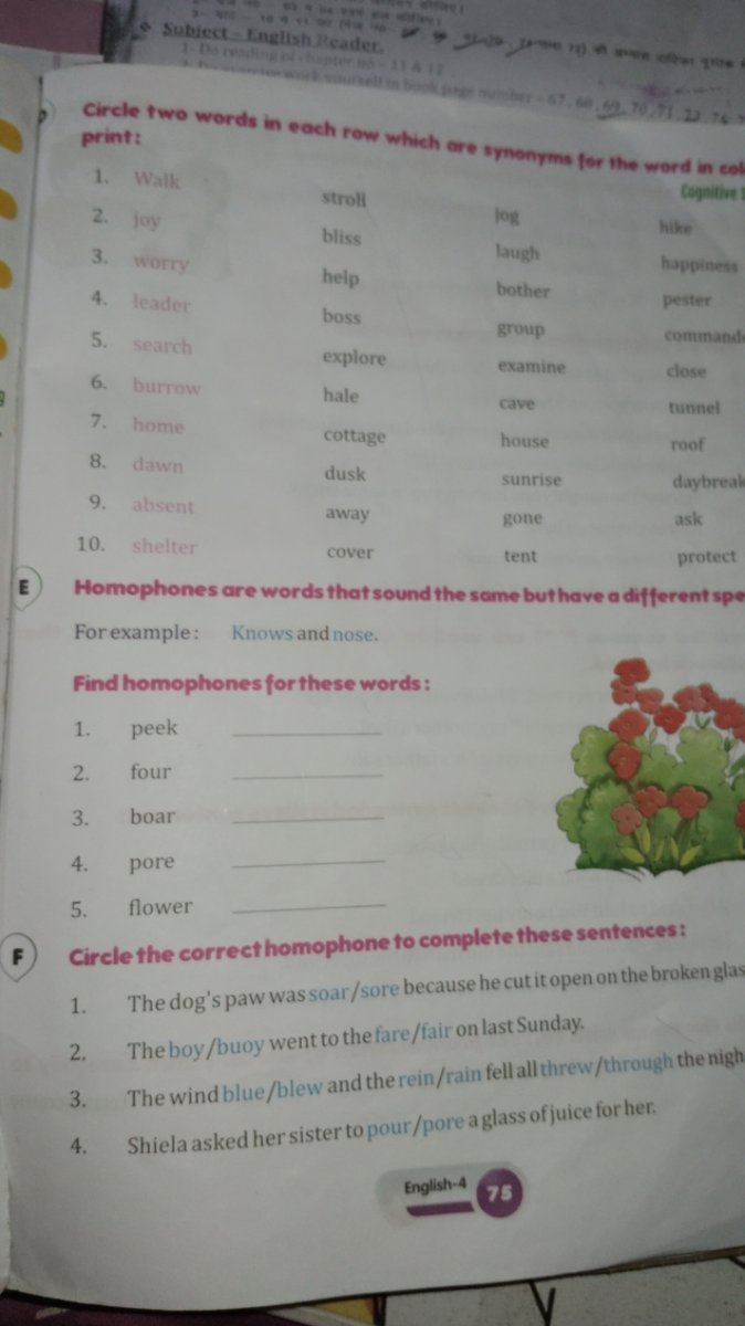 Circle two words in each row which are synonyms for the word in color pri..
