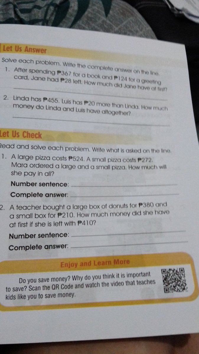Let Us Answer Solve each problem. Write the complete answer on the line.