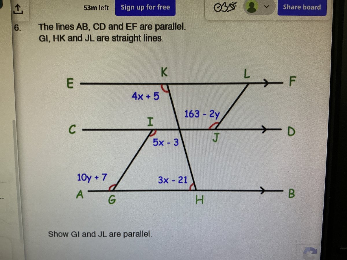 The lines AB, CD and EF are parallel. GI, HK and JL are straight lines.