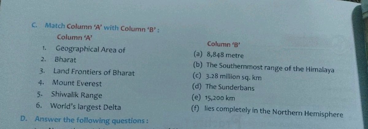 C. Match Column 'A' with Column 'B': Column 'A' Geographical Area of Bha..