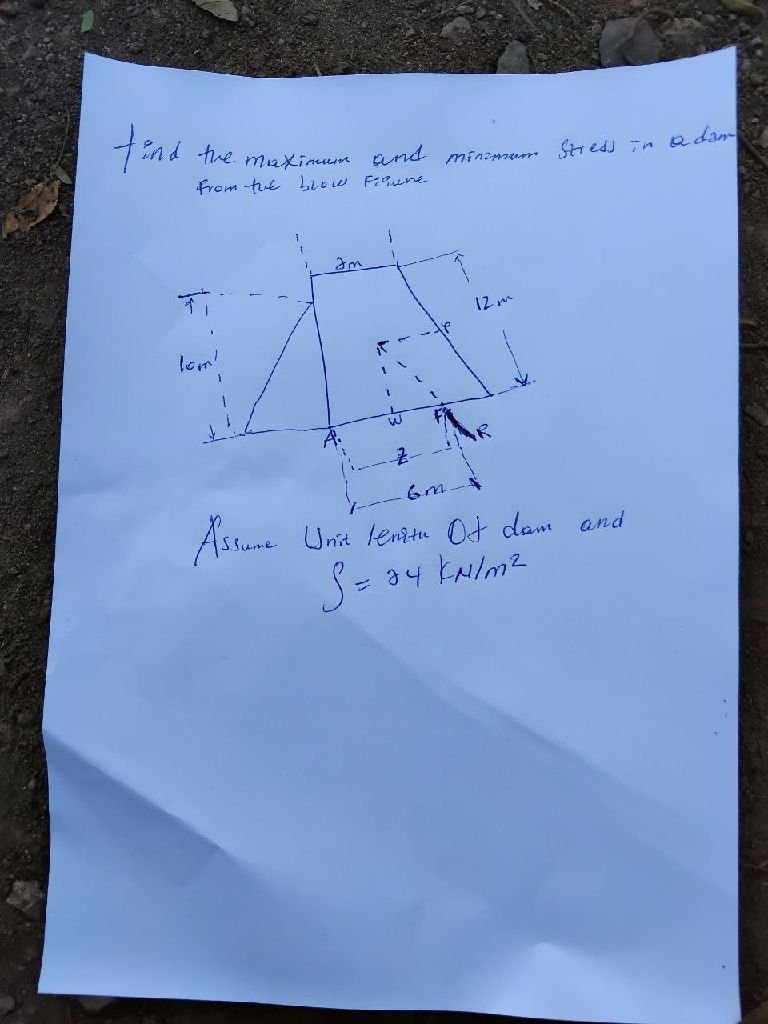 Find the maximum and minimum stress in a dam from the below figure. [Dia..