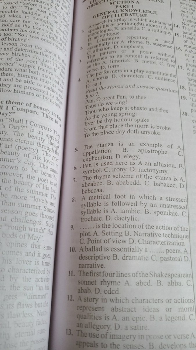 SECTION A PART 1 GENERAL KNOWLEDGE OF LITERATURE A speech in a play in w..