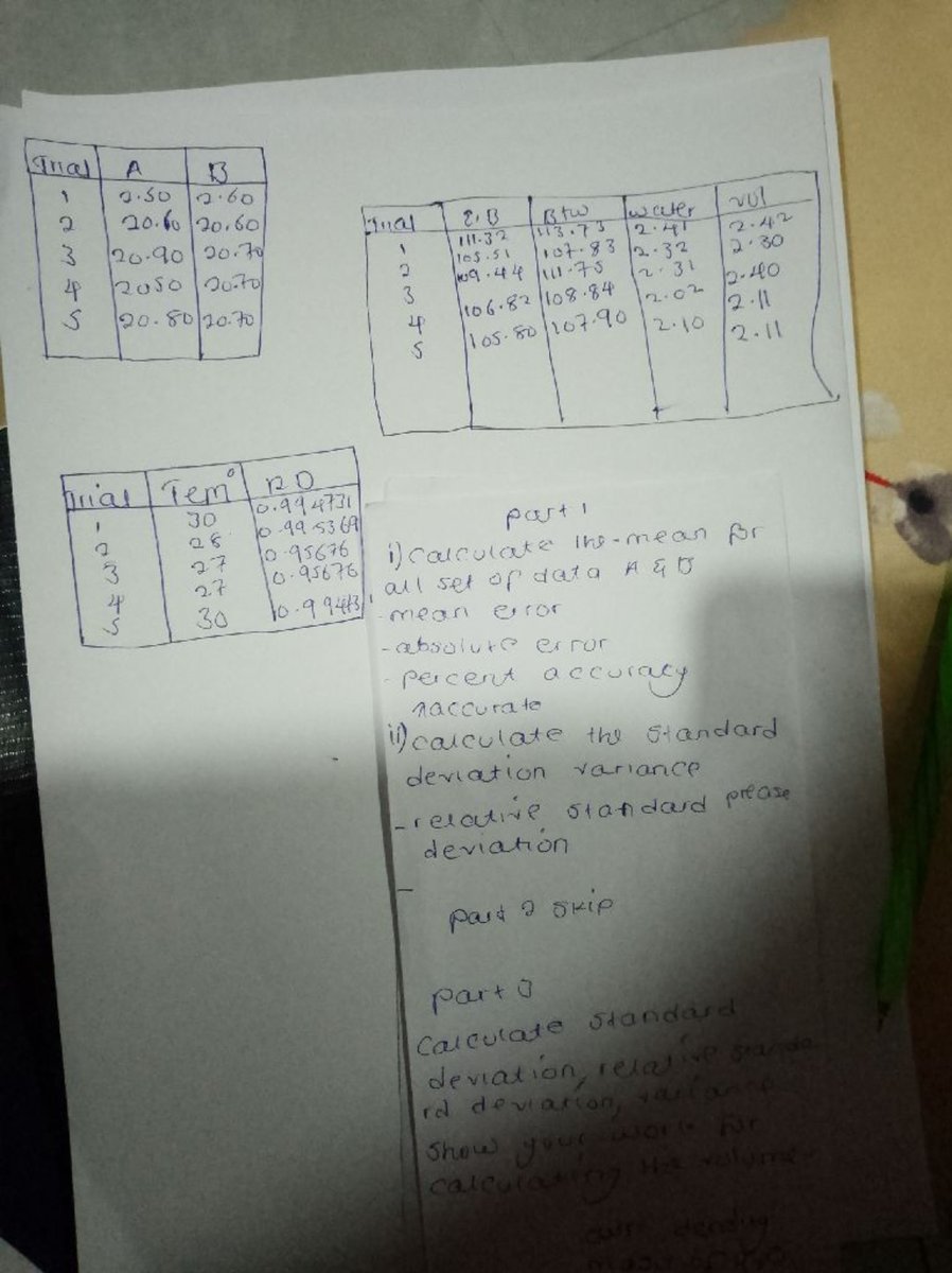 Here are three tables of data: Table 1: | Trial | A | B
