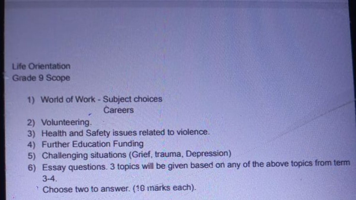 Life Orientation Grade 9 Scope 1) World of Work - Subject choices Car..