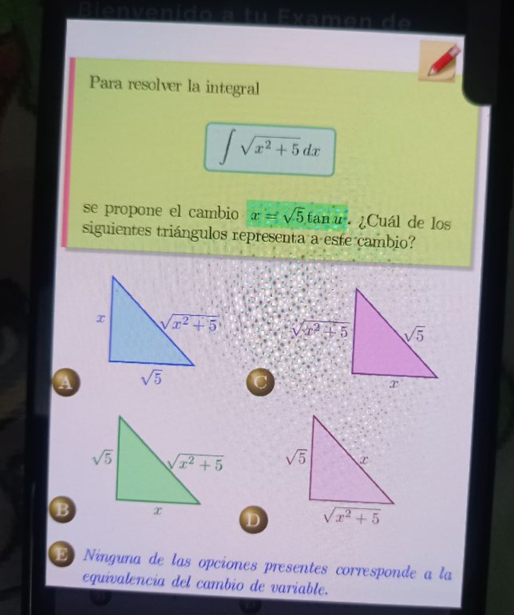 Para resolver la integral: \int \sqrt{x^2 + 5} \, dx se propone el camb..