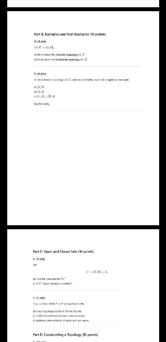 Part B. Examples and Non-Examples (10 points) 4. (4 pts) Let X = \{a, b\..