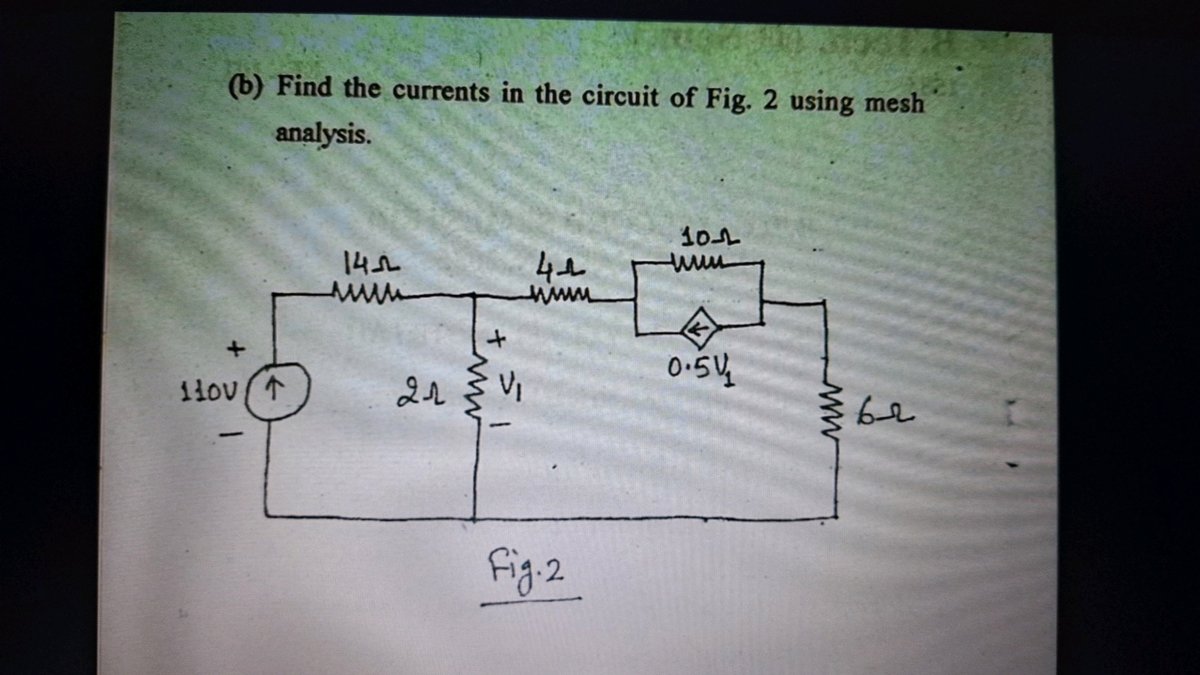 (b) Find the currents in the circuit of Fig. 2 using mesh analysis. [Dia..