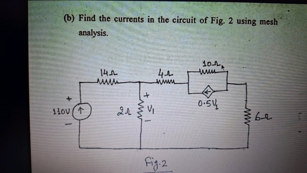 (b) Find the currents in the circuit of Fig. 2 using mesh analysis. [Dia..